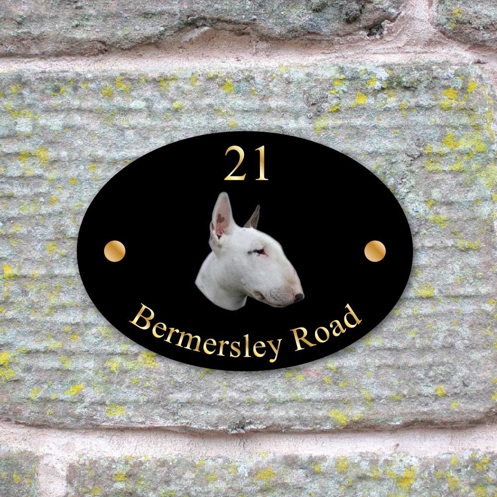 JAF Graphics. Personalised English Bull Terrier Oval House Sign