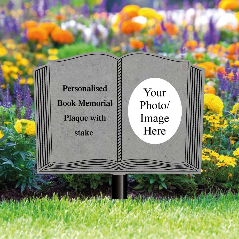 JAF Graphics. Garden book memorial shaped plaque on stake