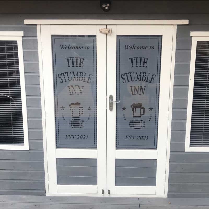 JAF Graphics. Pub Window Sticker with beer and barrel logo