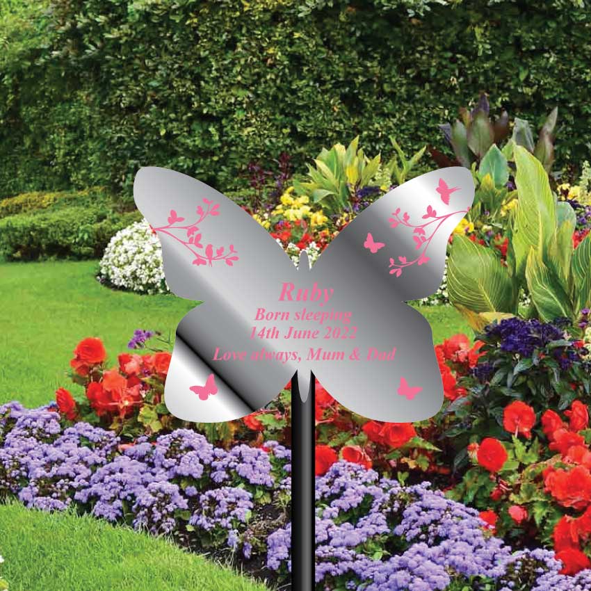 JAF Graphics. Butterfly Garden memorial plaque on stake