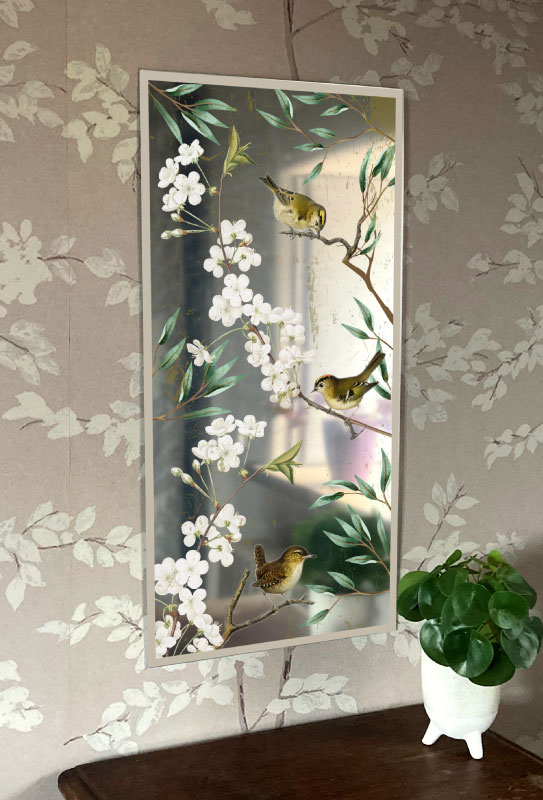 JAF Graphics. Vintage Bird and Blossom Branch Mirror Wall Art