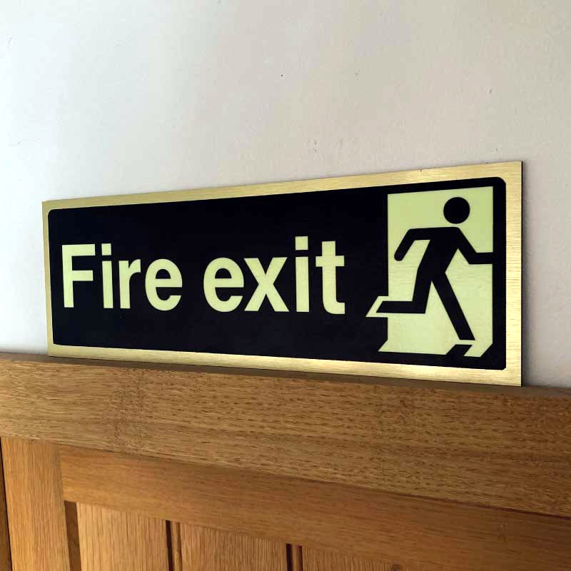 JAF Graphics. Glow In The Dark Brushed Brass Fire Exit Sign