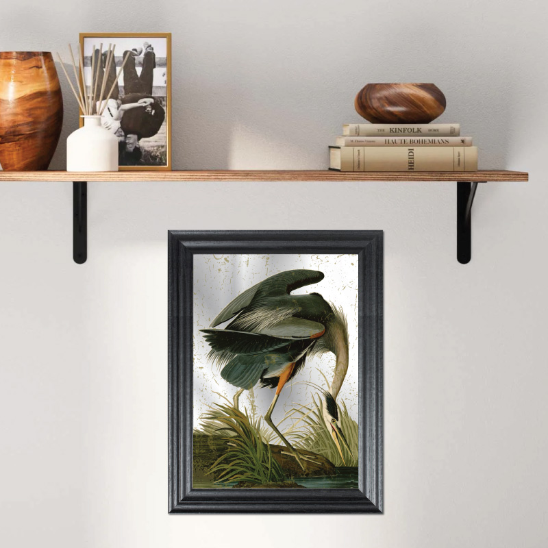 JAF Graphics. Vintage heron mirror picture in black frame John James Audubon